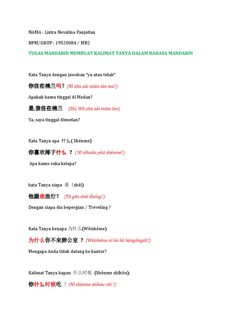 Tugas Mandarin About Kalimat Tanya | PDF