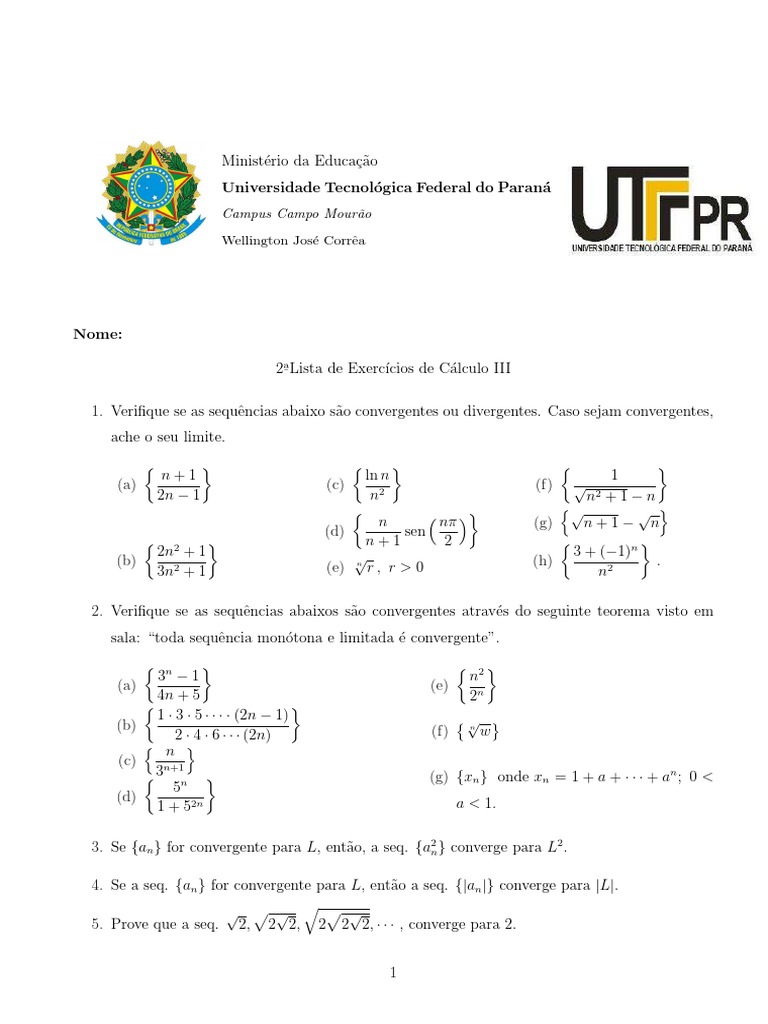Lista Sequencias e Series | PDF | Sequência | Números