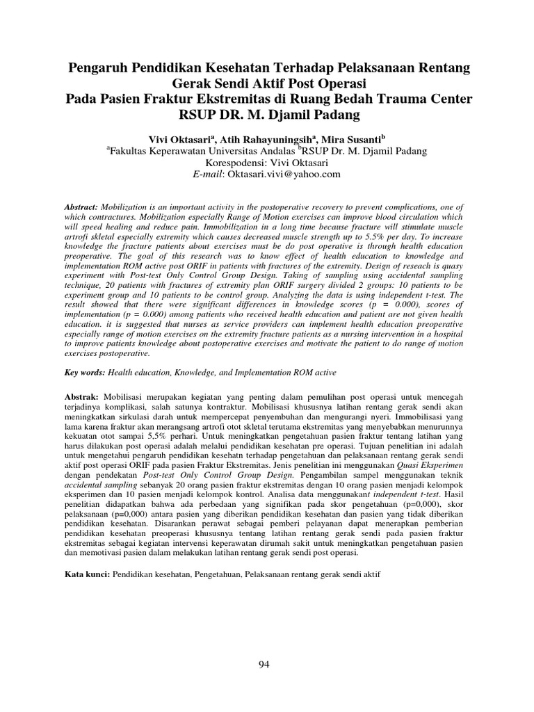 Pengaruh Pendidikan Kesehatan Terhadap Pelaksanaan Rentang Gerak Sendi ...
