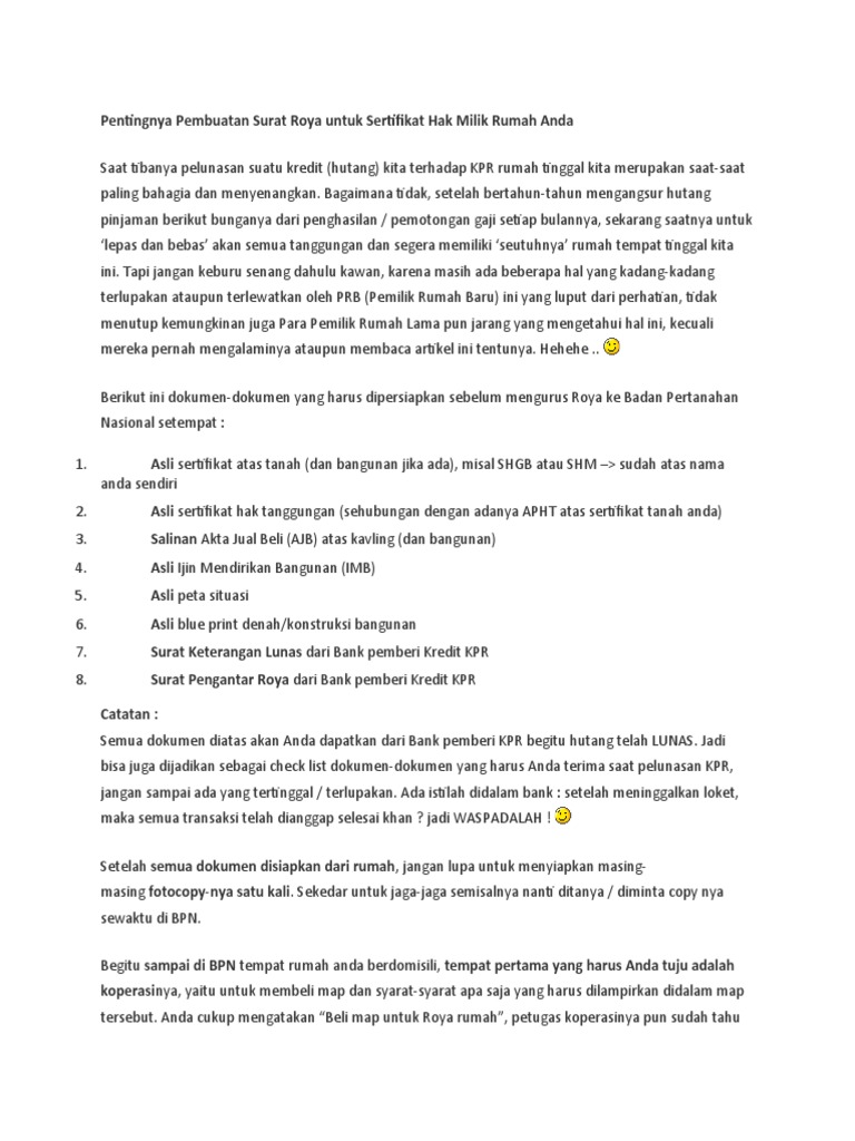 Pentingnya Pembuatan Surat Roya Untuk Sertifikat Hak Milik Rumah Anda ...