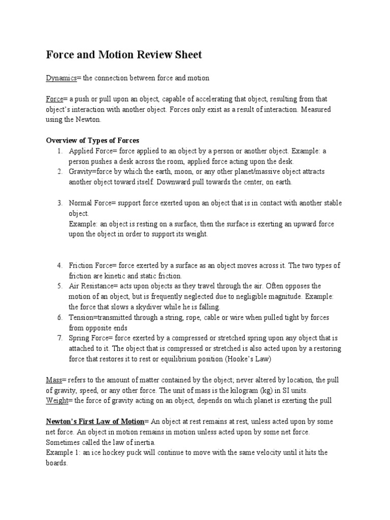 Force and Motion Review Sheet | Download Free PDF | Newton's Laws Of ...