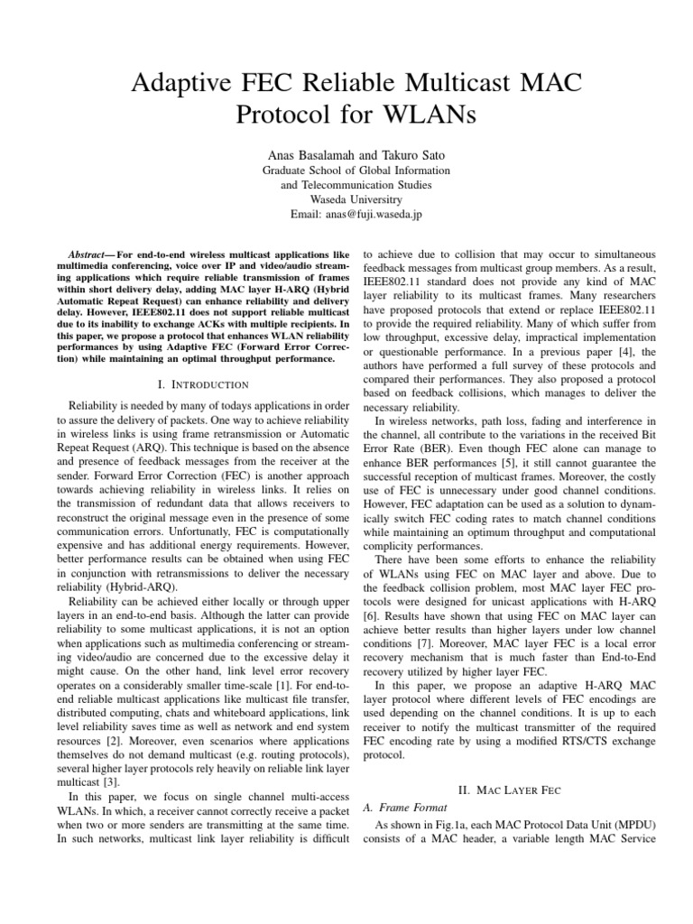 Adaptive FEC Reliable Multicast MAC Protocol for WLANs | PDF | Forward Error Correction | Multicast