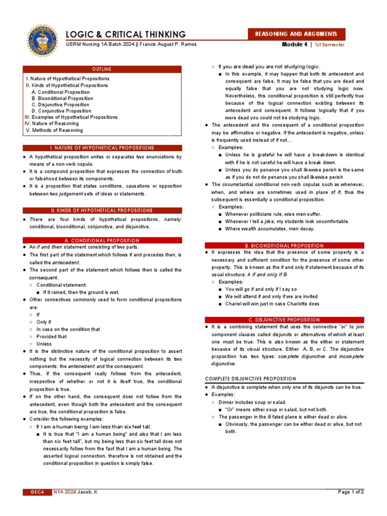GEC4 Logic and Critical Thinking - Module 4 | PDF | If And Only If | Proposition
