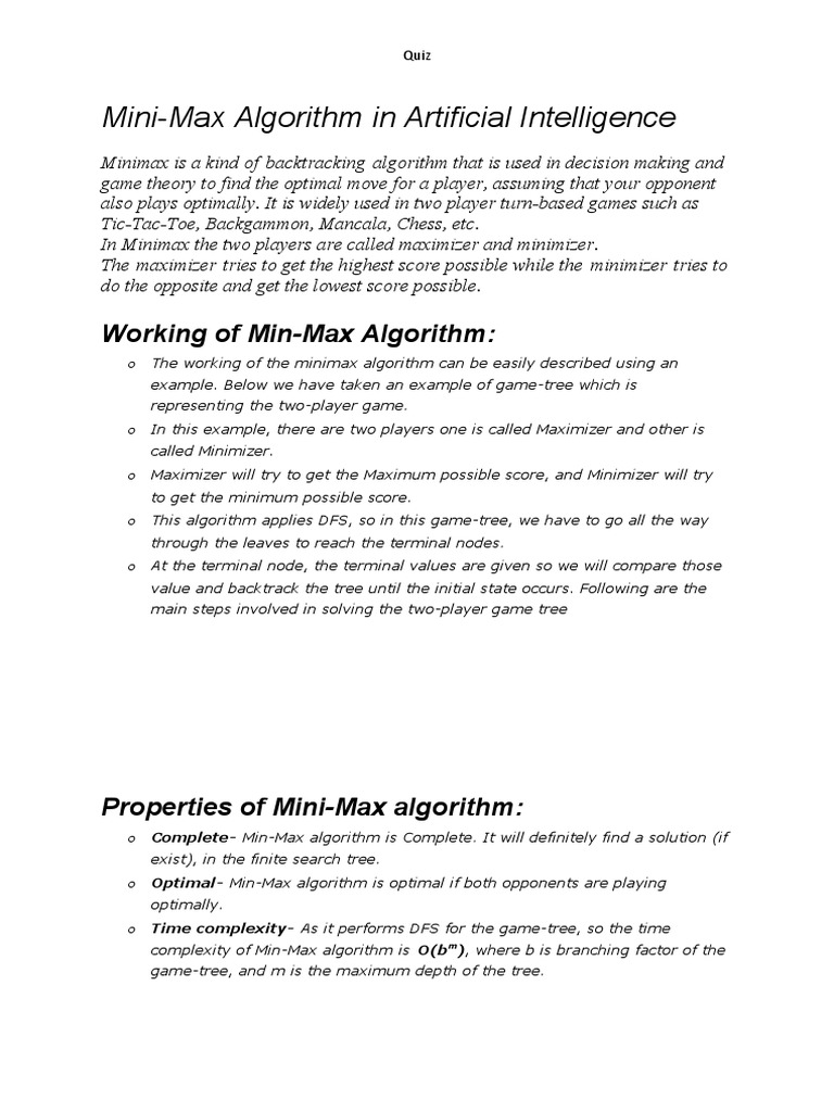 Mini-Max Algorithm in Artificial Intelligence | PDF | Computer Science ...