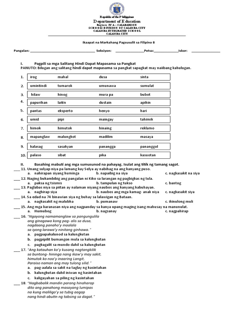 4th Grading Exam Fil 8 | PDF