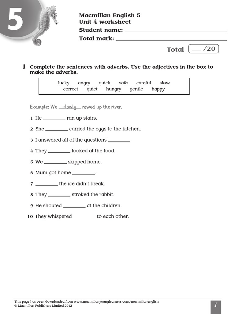 Total: Macmillan English 5 Unit 4 Worksheet Student Name: Total Mark ...