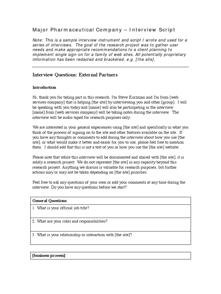 Major Pharmaceutical Company - Interview Script | PDF | Websites ...
