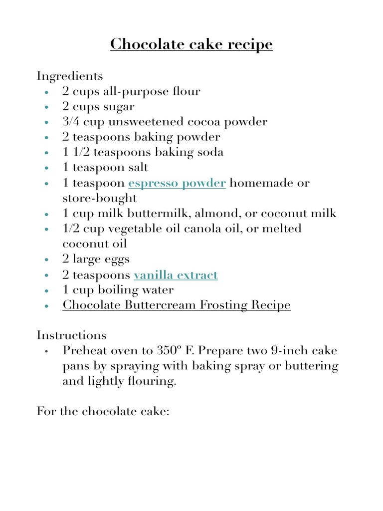 Chocolate Cake Recipe PDF | PDF | Cakes | Chocolate
