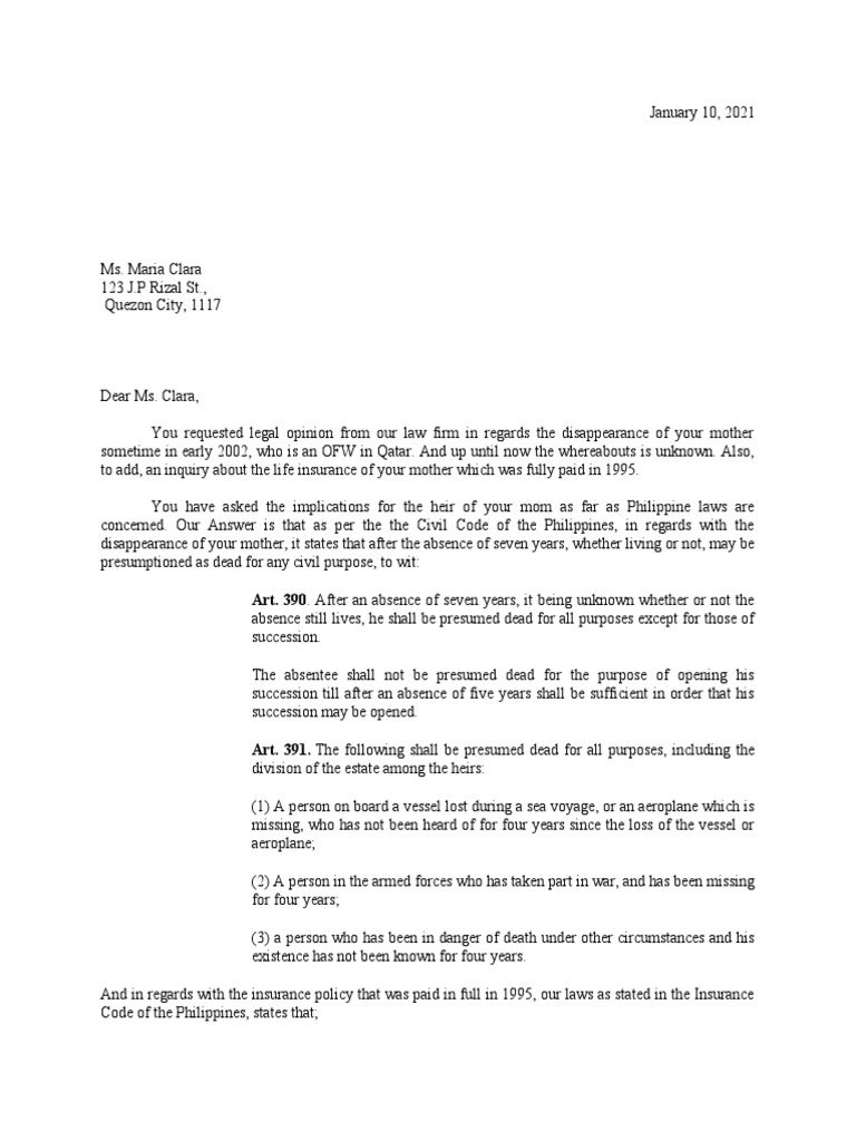 Legal Opinion Sample | PDF | Insurance | Civil Law (Legal System)