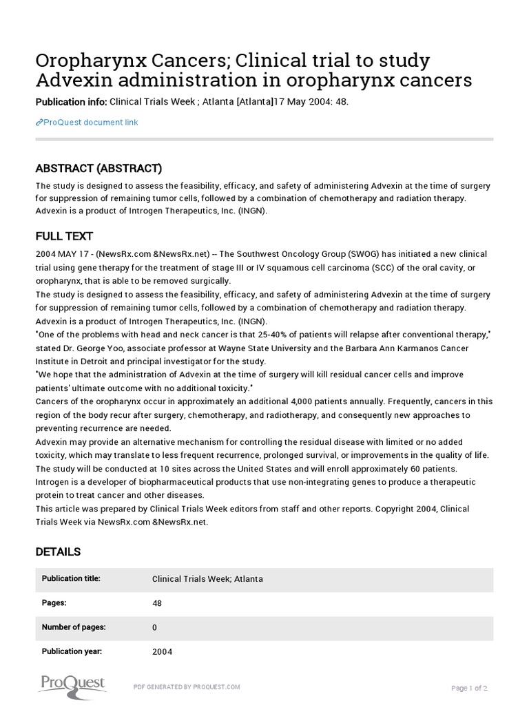 Oropharynx Cancers Clinical Trial To Study Advexin Administration in ...