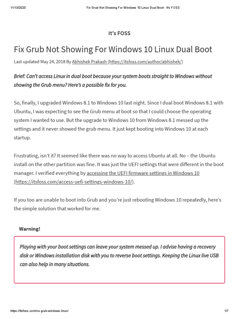 Fix Grub Not Showing For Windows 10 Linux Dual Boot - It's FOSS PDF ...