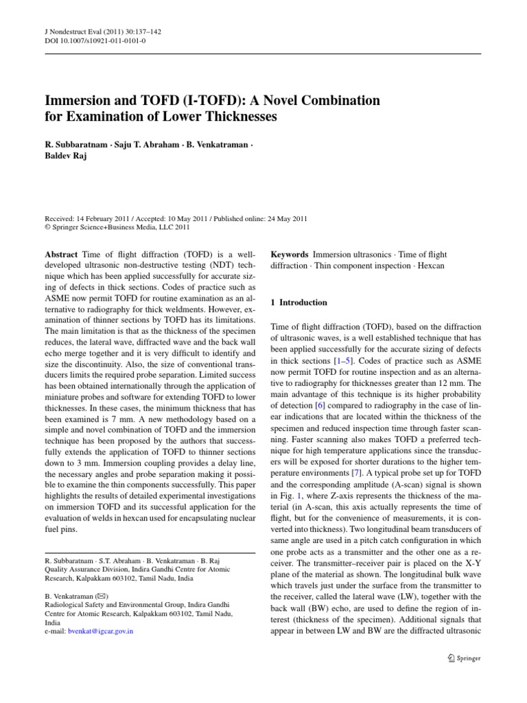 Immersion and TOFD (I-TOFD) : A Novel Combination For Examination of ...