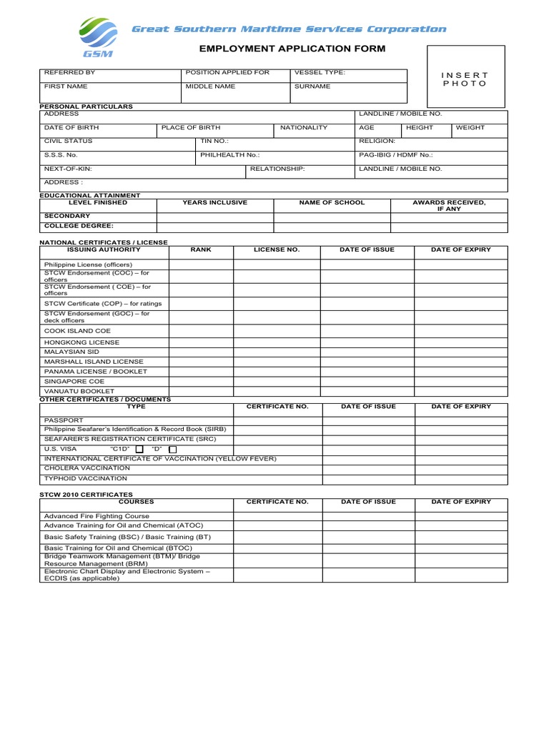 CRW02 (0916) - Employment Application Form PDF | PDF | Ships | Water ...
