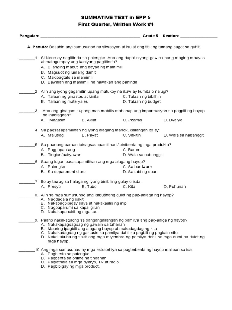 SUMMATIVE TEST in EPP 5 #4 | PDF