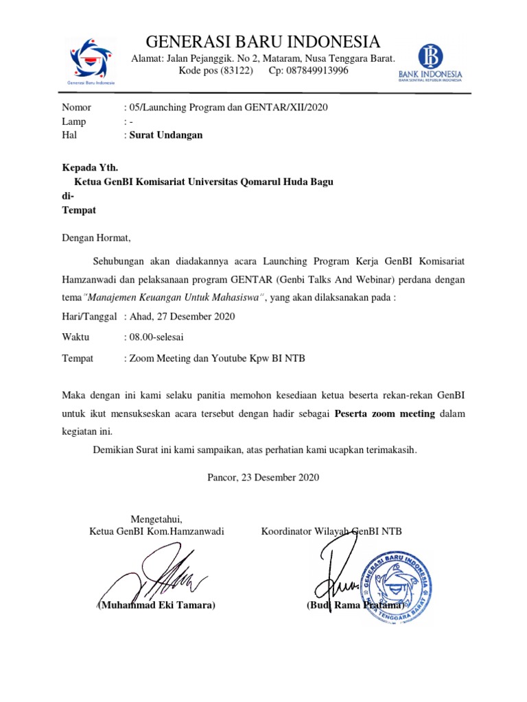 Undangan Launching Program GenBI 2020 | PDF | Karier & Perkembangan