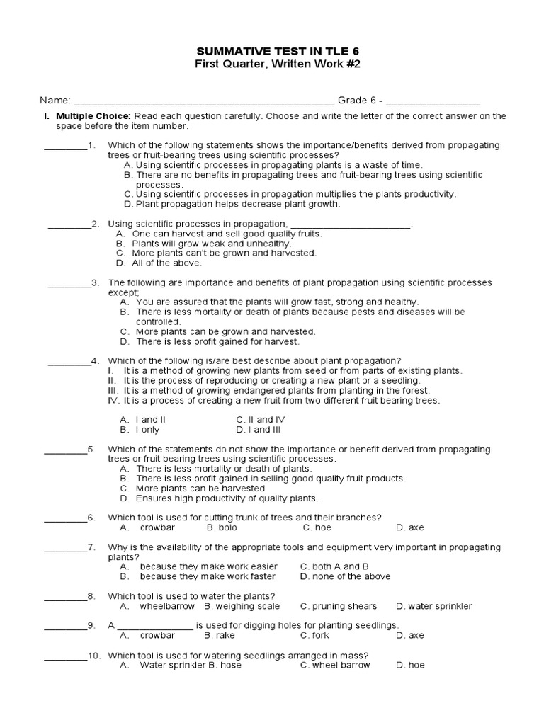 Summative Test in Tle 6 #2 | PDF | Trees | Pruning