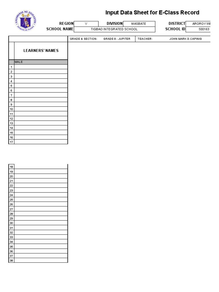 Input Data Sheet For E-Class Record: Region Division District School ...