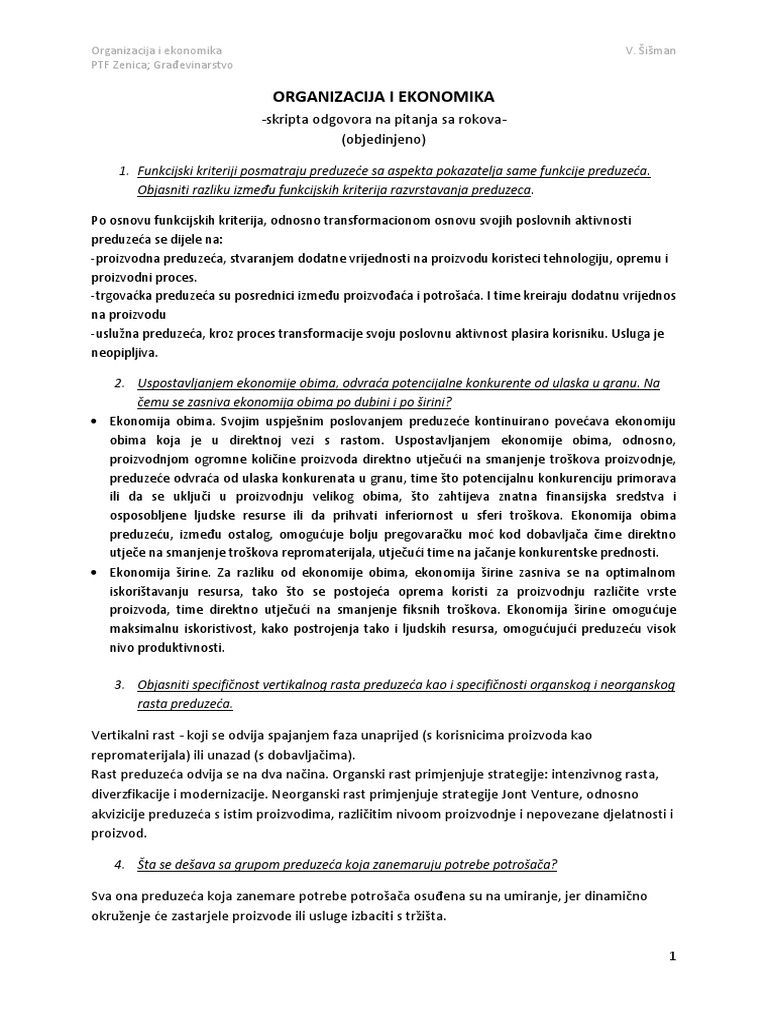 ORGANIZACIJA I EKONOMIKA-objedinjena Skripta PDF | PDF