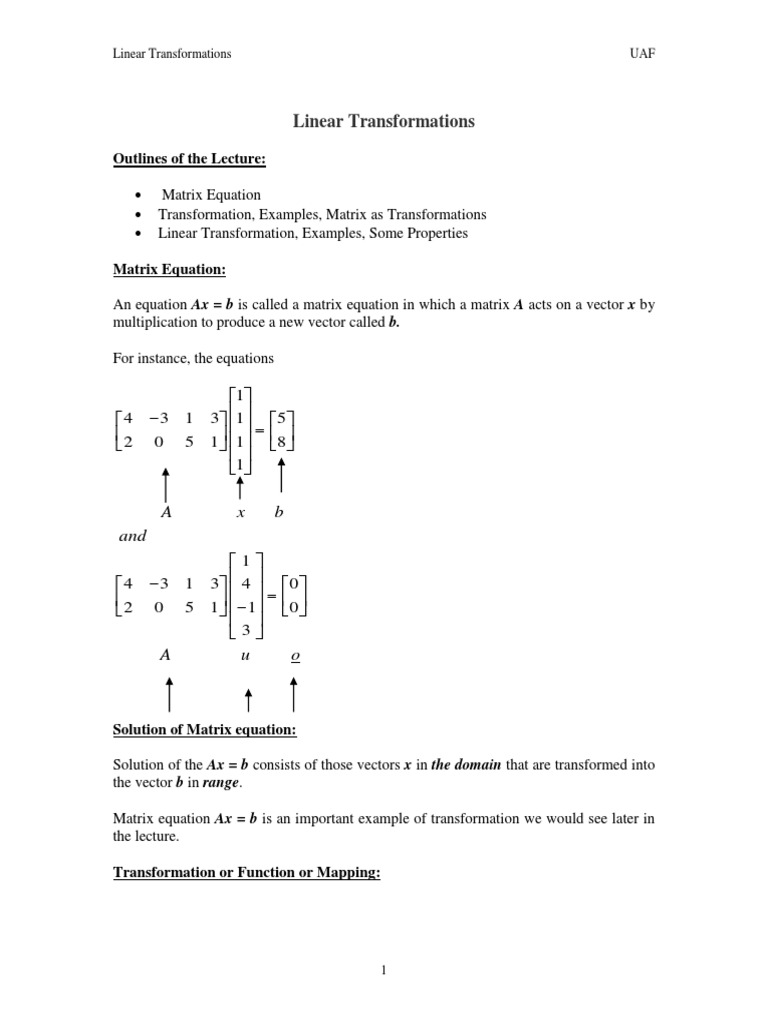 Linear Transformations: Outlines of The Lecture | Download Free PDF ...