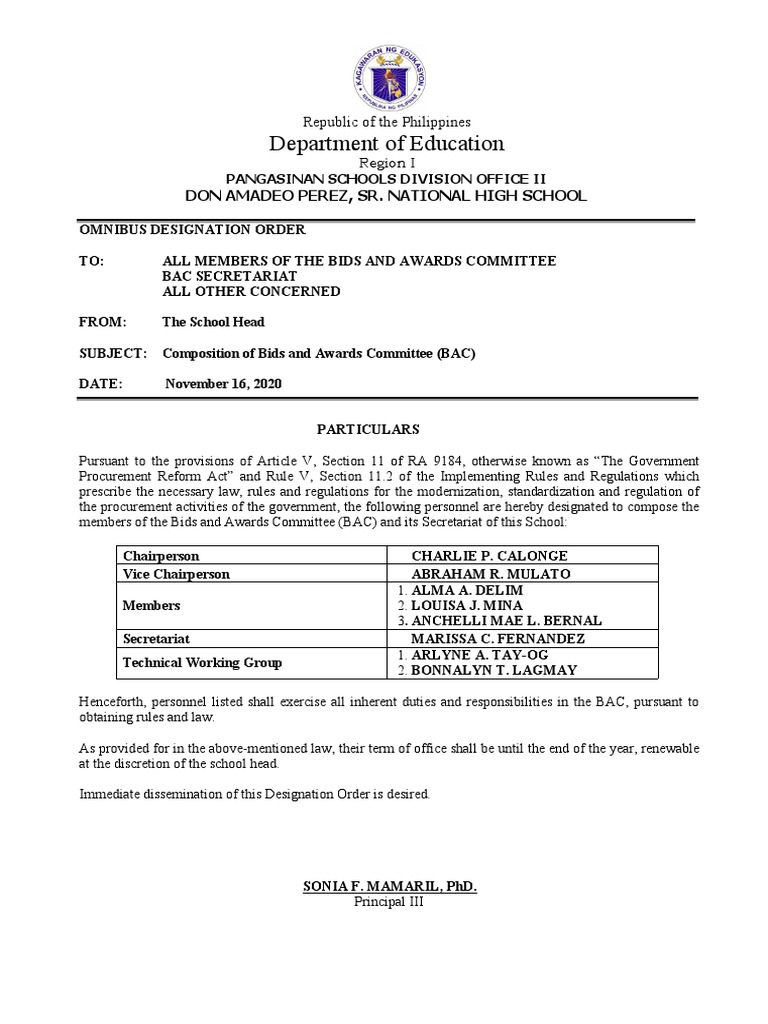 DAPNHS - BAC Composition Omnibus Designation Order | PDF