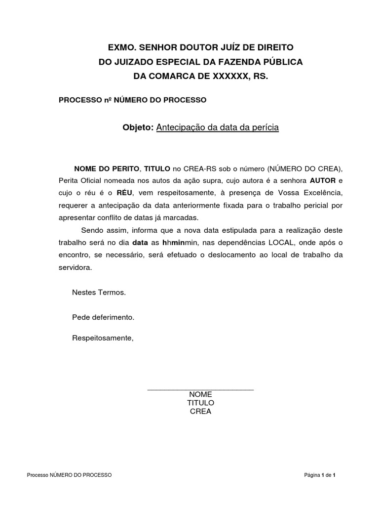 Modelo de Adiamento Ou Postergação de Data de Perícia | PDF Modelo de Adiamento Ou Postergação de Data de Perícia | PDF