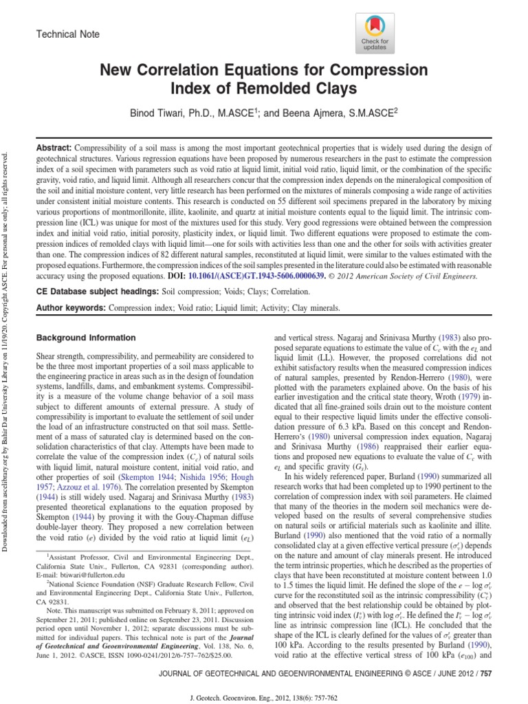 New Correlation Equations For Compression Index of Remolded Clay ...