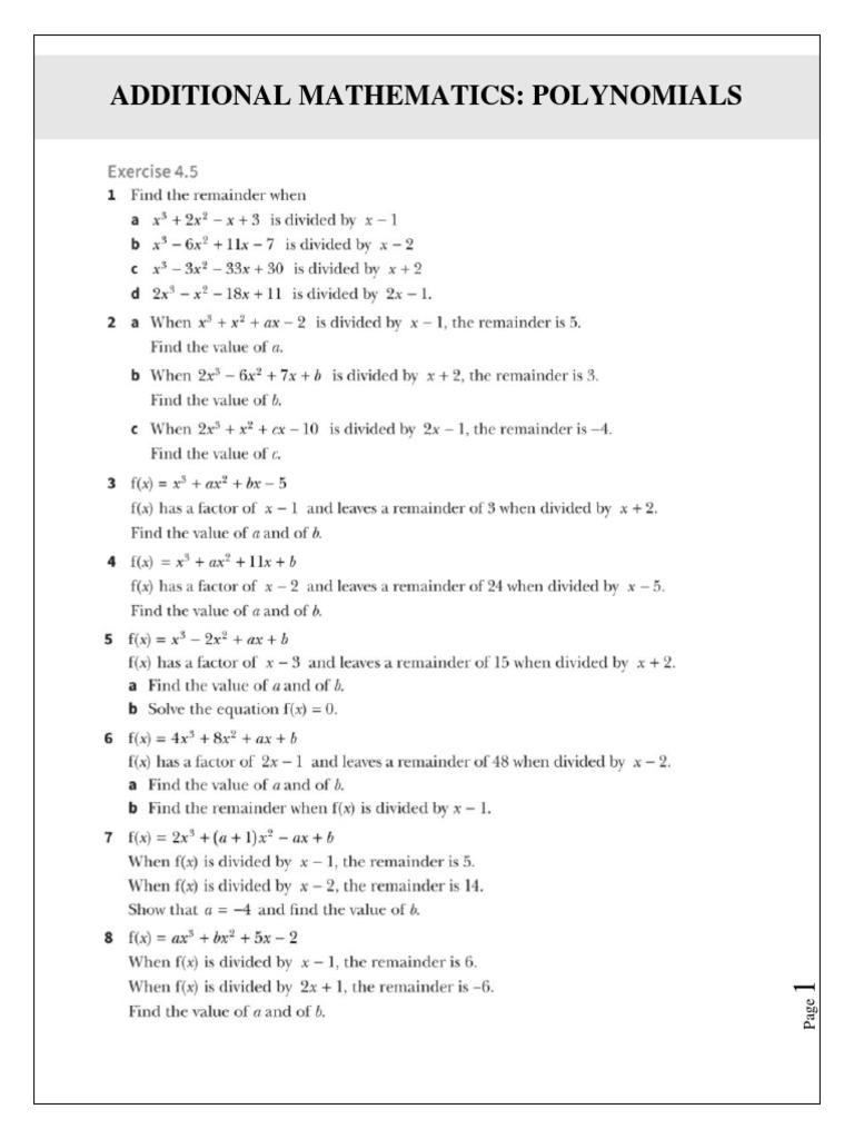 Additional Mathematics: Polynomials | PDF