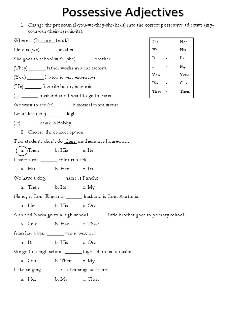 Possessive Adjectives: She - Her He - His It - Its I - My You - Your We ...