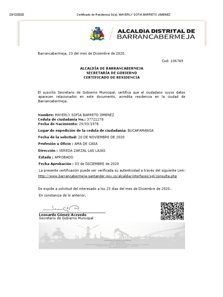 Certificado de Residencia SR (A) - MAYERLY SOFIA BARRETO JIMENEZ | PDF