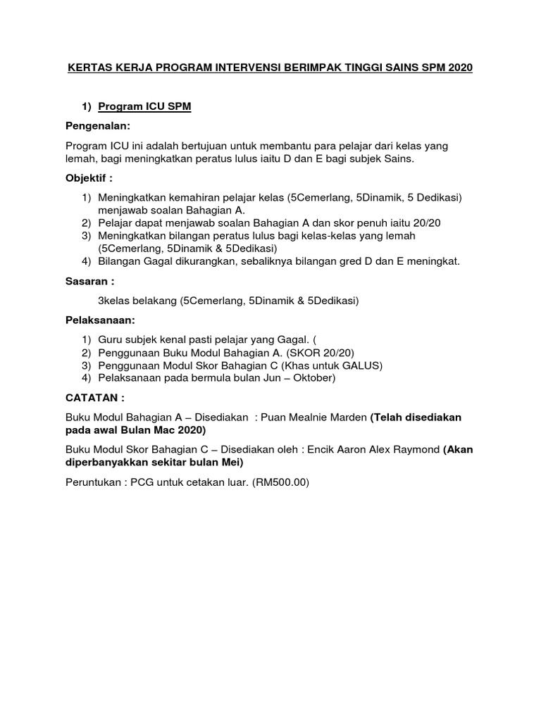 Kertas Kerja Ringkas Program Intervensi Berimpak Tinggi Sains SPM 2020 ...