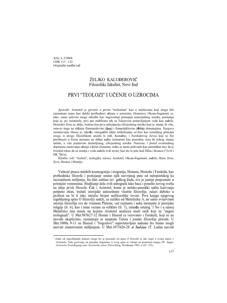 Zeljko Kaludjerovic - Prvi Teolozi I Ucenje o Uzrocima PDF | PDF