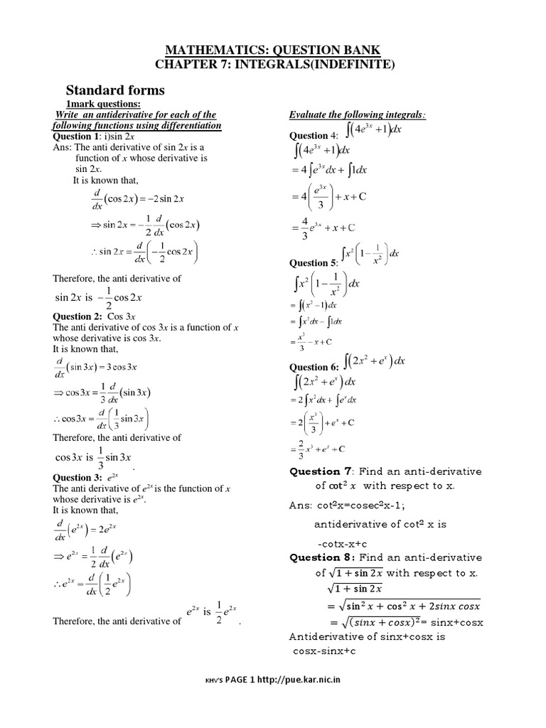 Standard Forms: Mathematics: Question Bank Chapter 7: Integrals ...