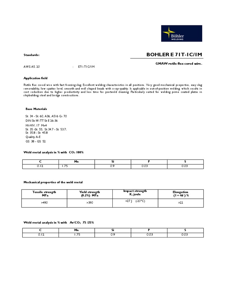 BOHLER E 71T-1C/1M: GMAW Rutile Flux Cored Wire | PDF | Welding ...