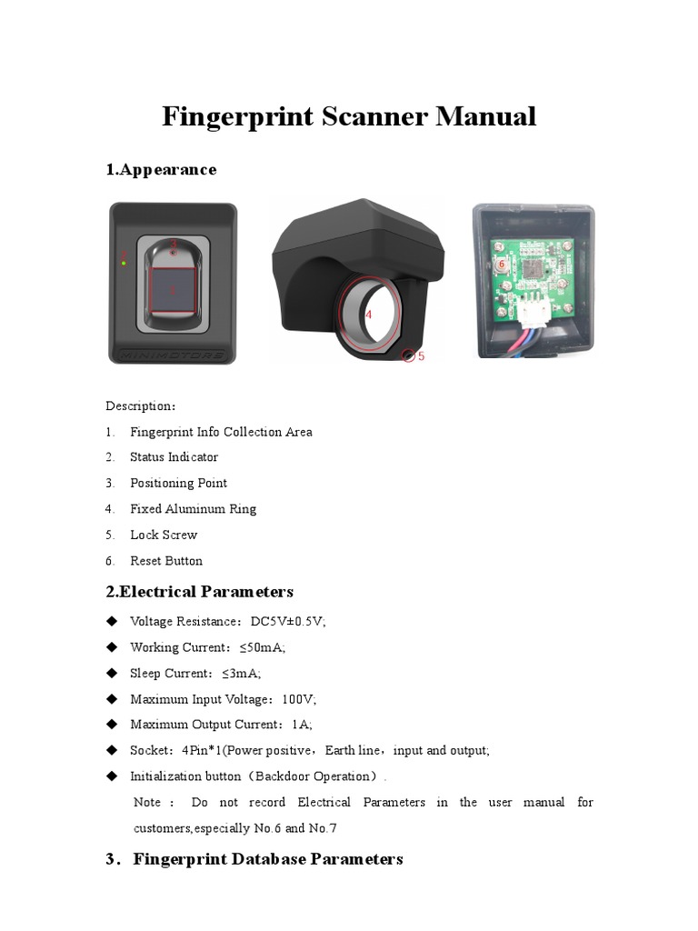 Fingerprint Scanner Manual: 1.appearance | PDF | Fingerprint | Electrical Engineering
