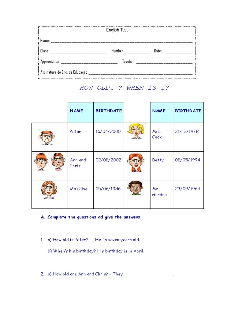 English Age and Birthdate Test | PDF
