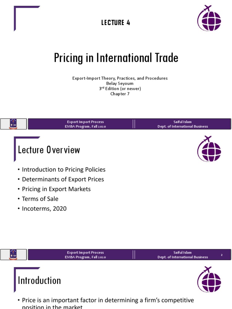Pricing in International Trade: Export-Import Theory, Practices, and Procedures Belay Seyoum 3 ...
