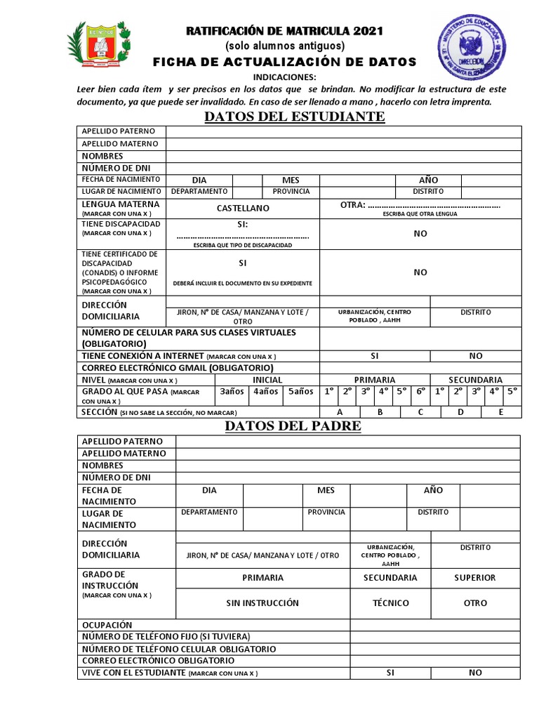 Ficha de Datos para Ratificación de Matricula | PDF | Informática y ...