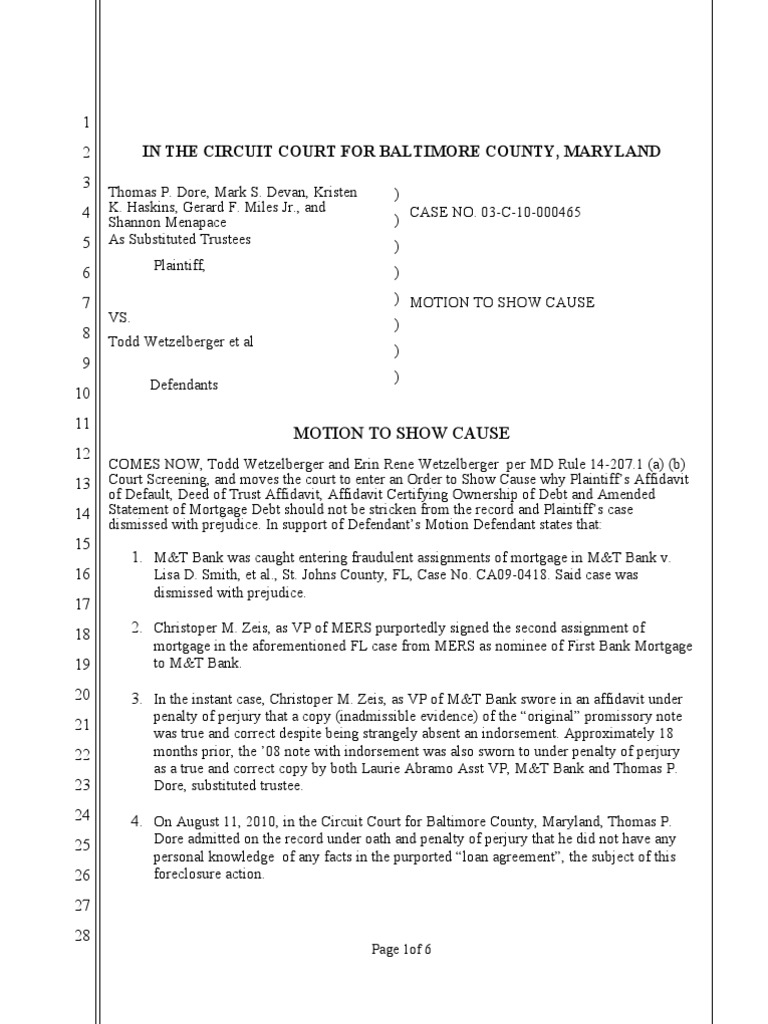 Motion to Show Cause in Foreclosure Case | PDF | Affidavit | Notary Public
