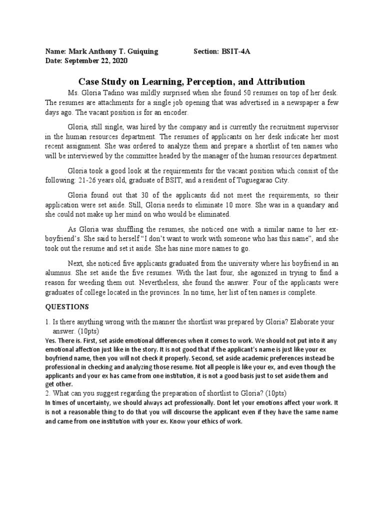 Case Study On Learning, Perception, and Attribution | PDF | Cognition | Psychology