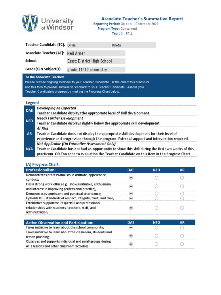 Associate Teacher's Summative Report: Essex District High School Grade ...