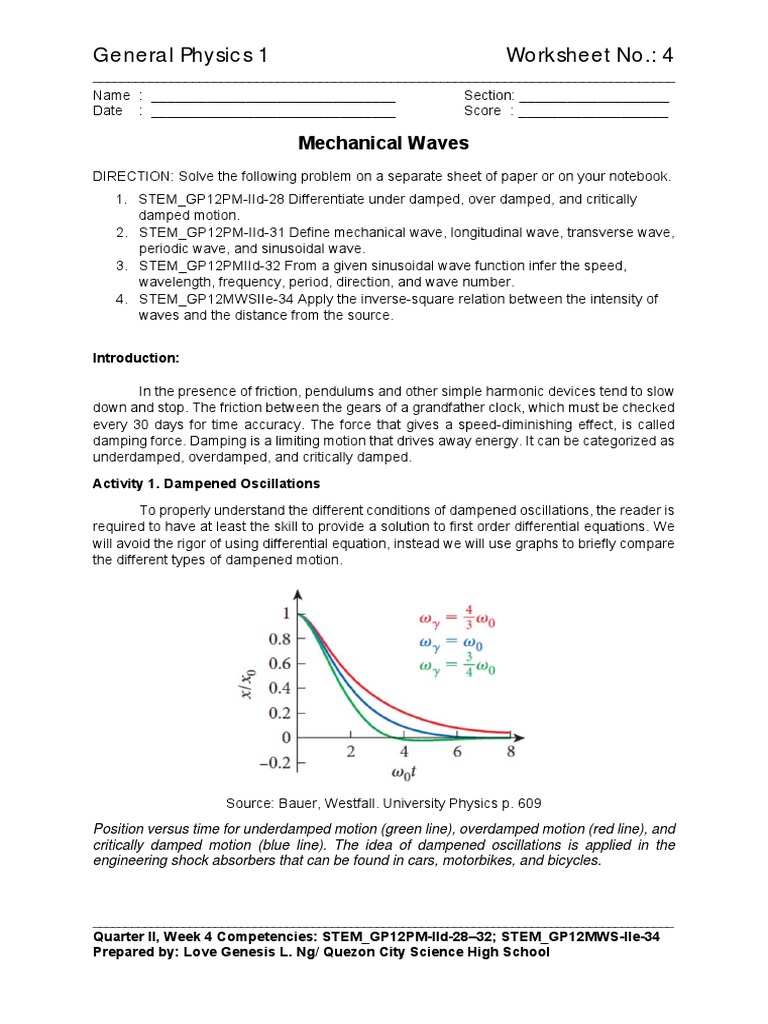 General Physics 1 Worksheet No.: 4 | PDF | Waves | Oscillation