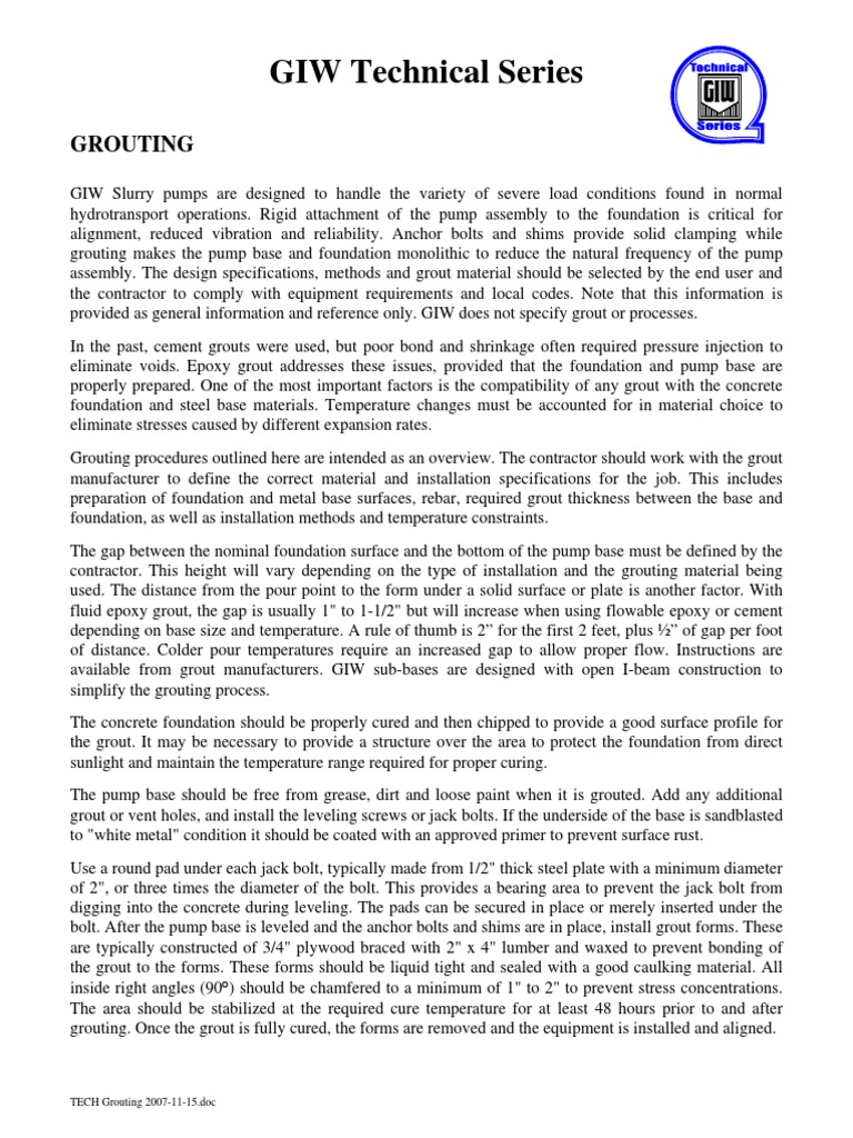 GIW Technical Series: Grouting | PDF | Screw | Pump