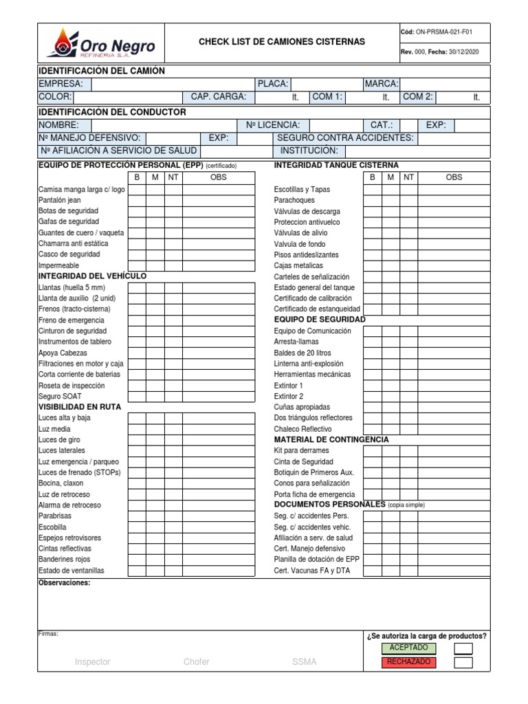 Check List de Camiones Cisternas | PDF | Coche | Transporte