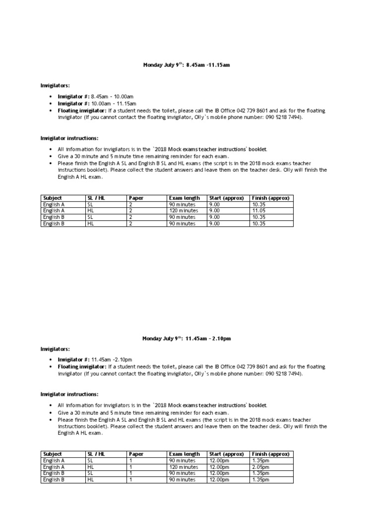 Monday July 9: 8.45am - 11.15am: 2018 Mock Exams Teacher Instructions ...