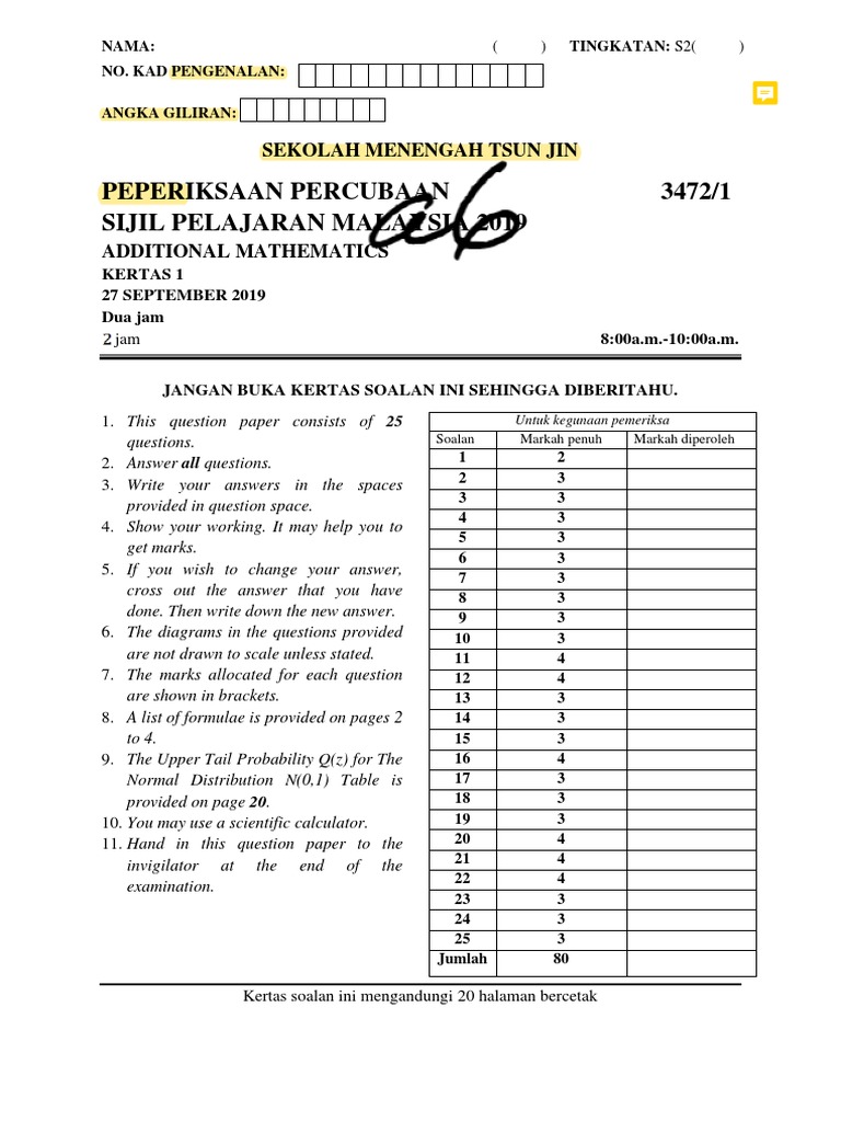 SPM Additional Math Exam 2019 | PDF | Trigonometric Functions ...