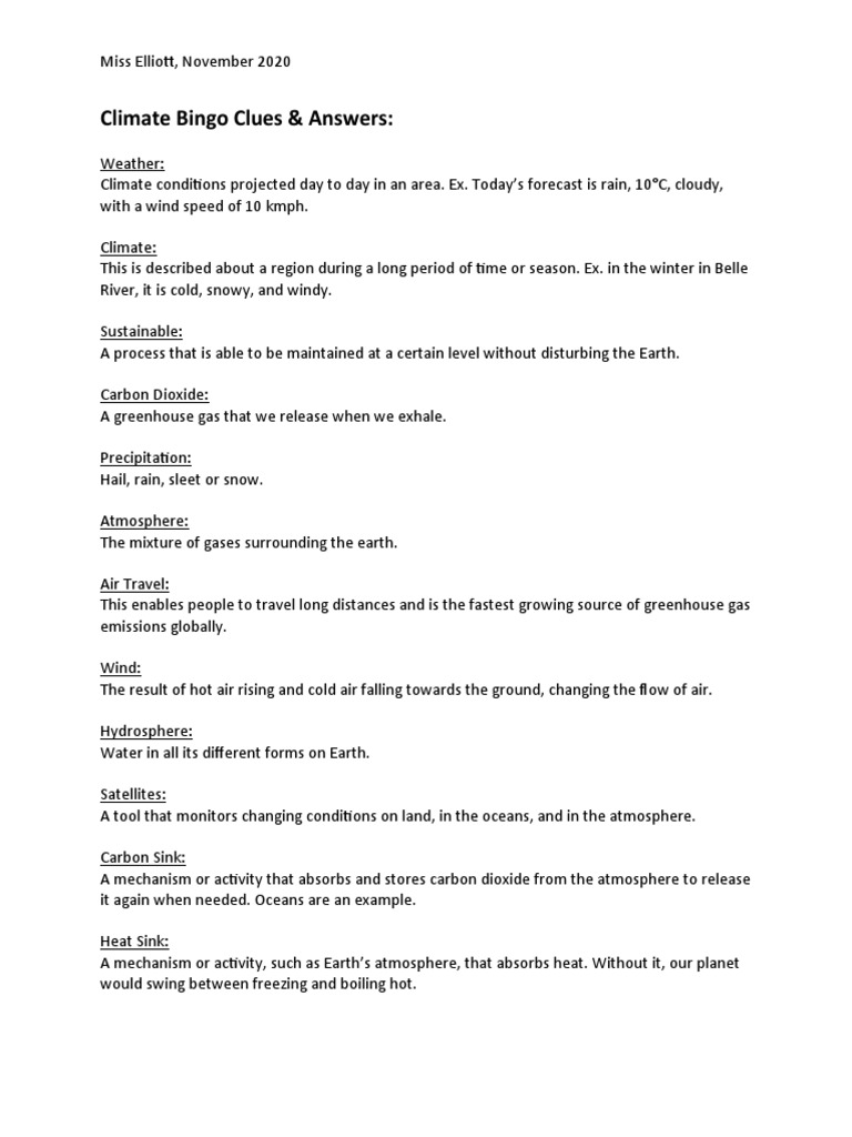 Climate Bingo Clues - Teacher Guide | PDF | Science & Mathematics