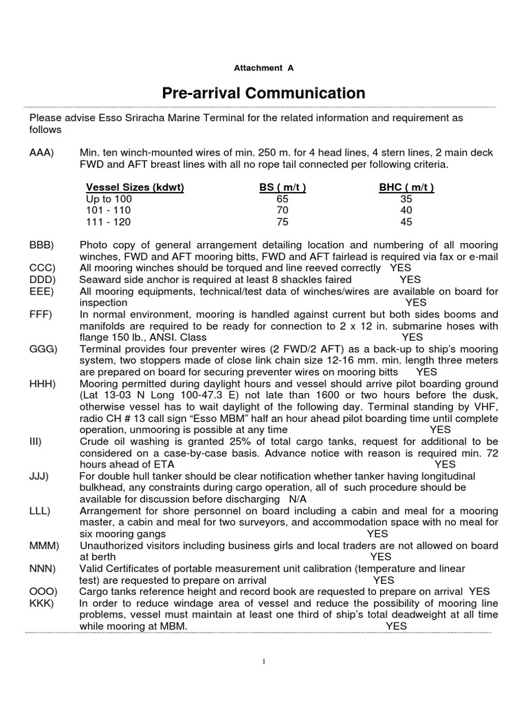 PRE ARrival Communication | PDF | Oil Tanker | Water Transport