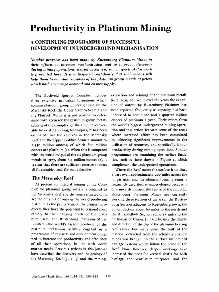 Productivity in Platinum Mining: A Continuing Programme of Successful ...