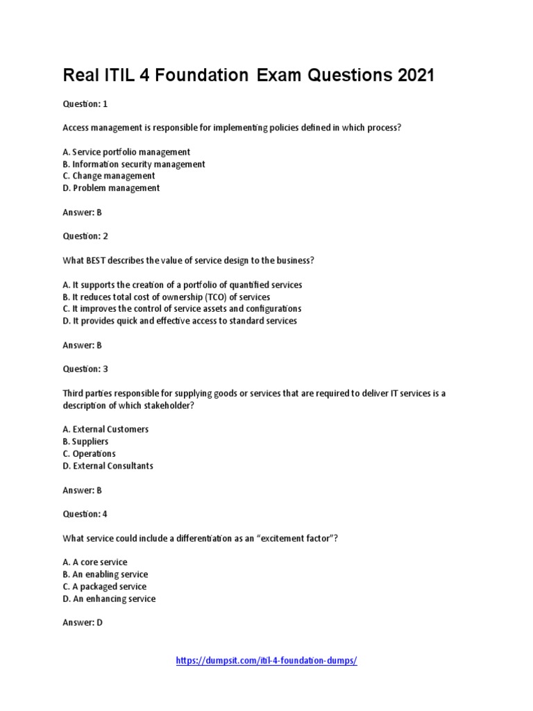 Real ITIL 4 Foundation Exam Questions 2021 | PDF | Product Lifecycle ...