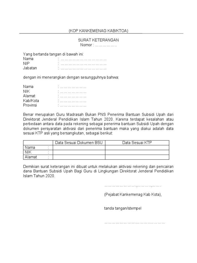 Surat Keterangan Biodata BSU | PDF